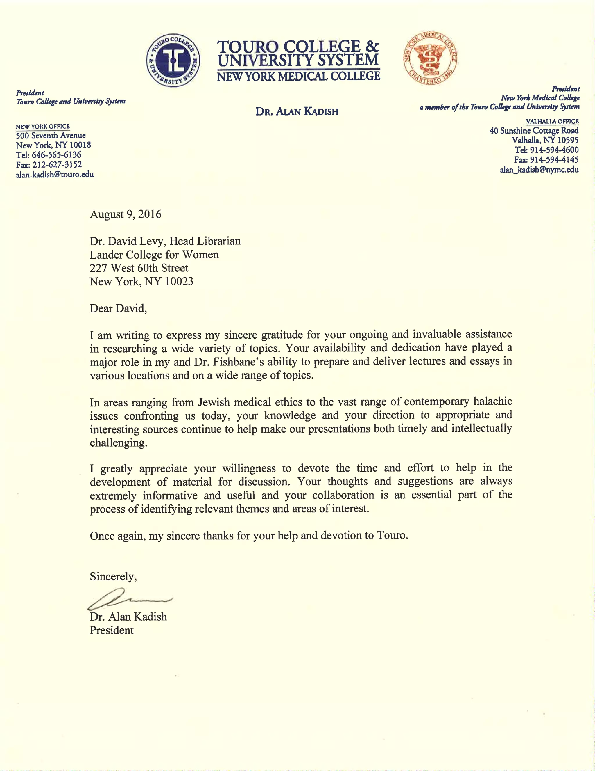 Dr. Alan Kadish letter | PDF