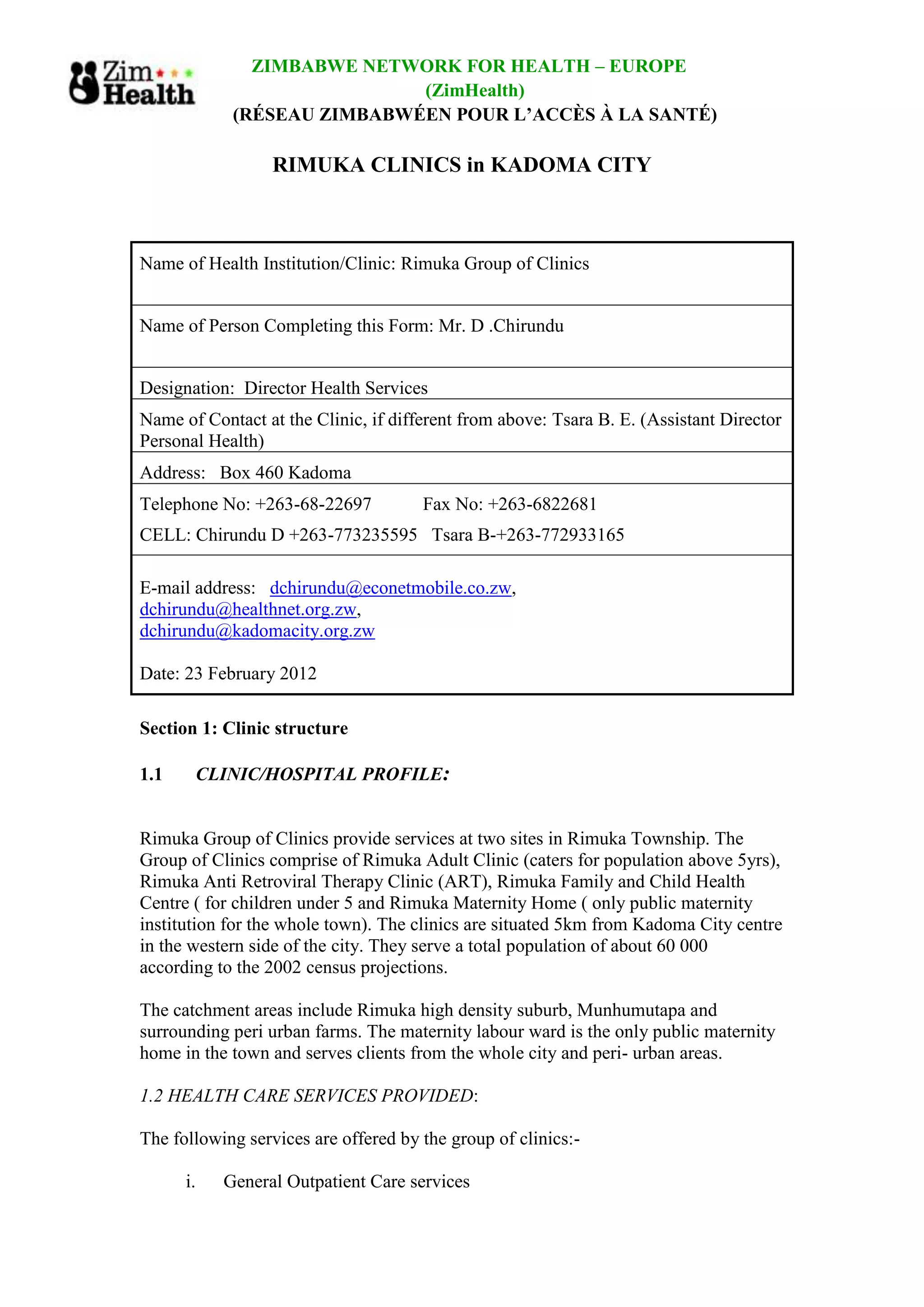 Kadoma Rimuka group of clinics - Profiles and final request | PDF