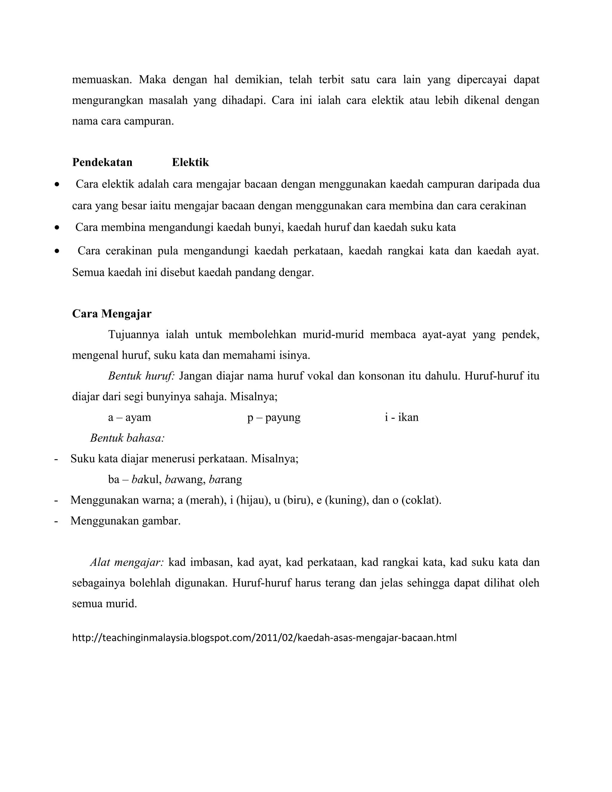 Kaedah Asas Mengajar Bacaan Doc