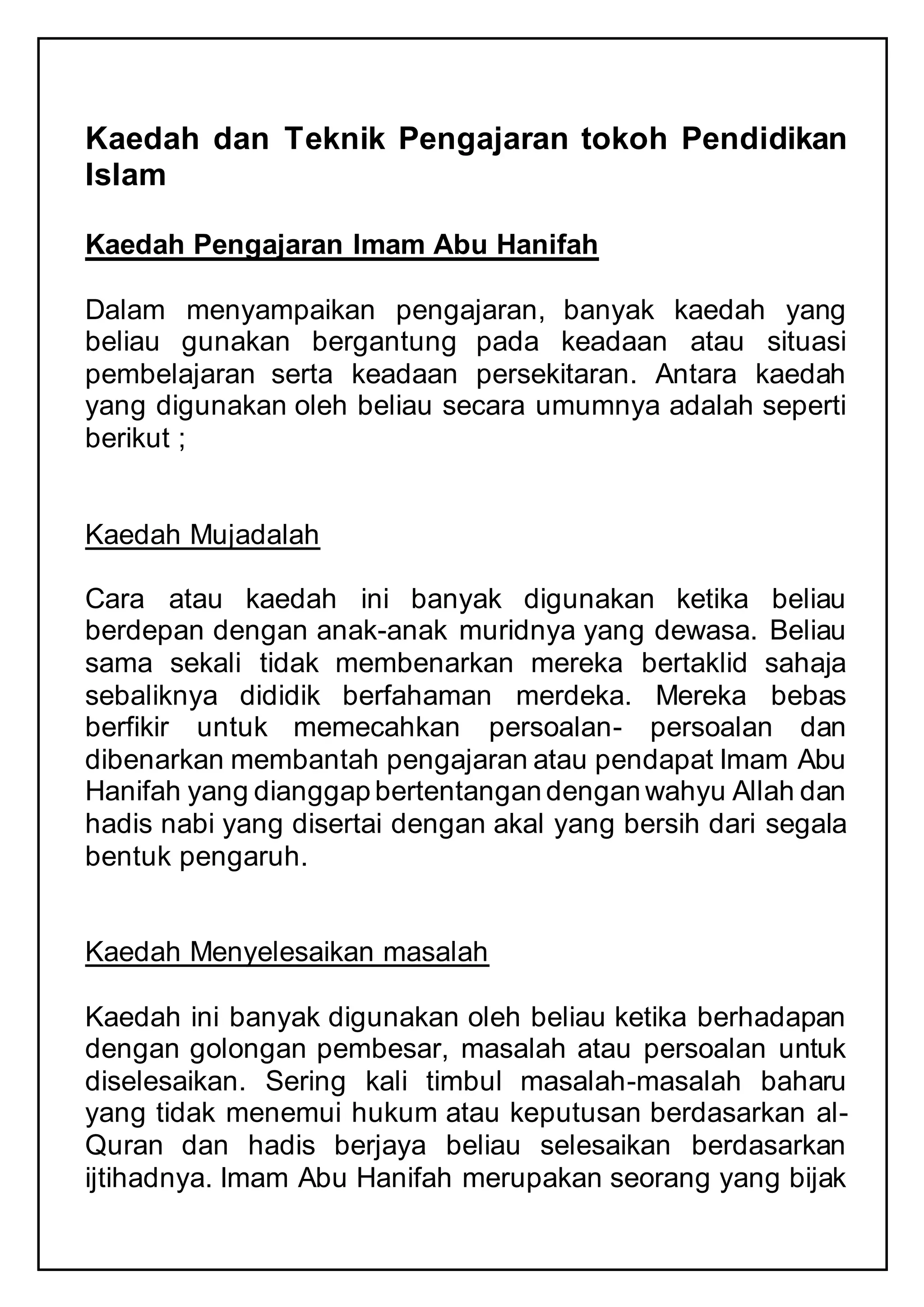 Kaedah dan teknik pengajaran tokoh pendidikan islam abu hanifah dan malik | DOCX