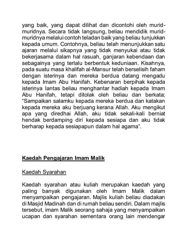 Kaedah dan teknik pengajaran tokoh pendidikan islam abu hanifah dan malik | DOCX