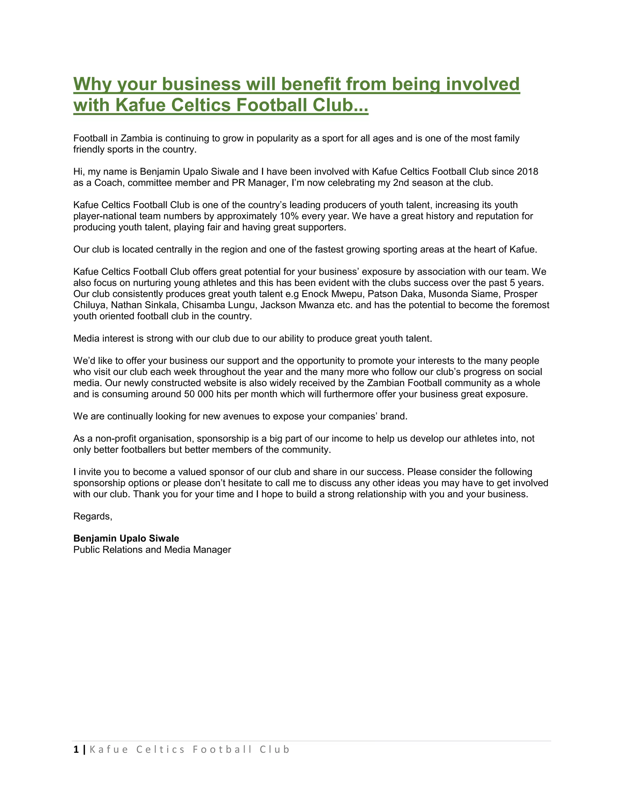 Kafue celtic sponsorship proposal | PDF