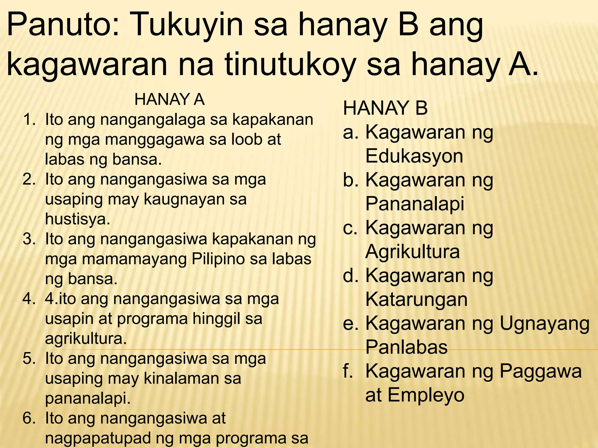 Kagawaran ng Pamahalaan.pptx sa Araling Panlipunan | PPTX