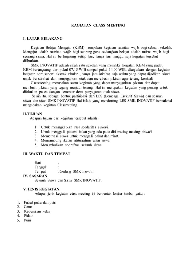 Kagiatan class meeting | DOCX