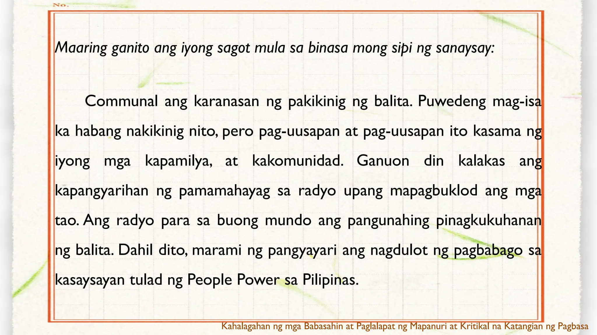Kahalagahan ng mga Babasahin at Paglalapat ng Mapanuri at Kritikal na ...