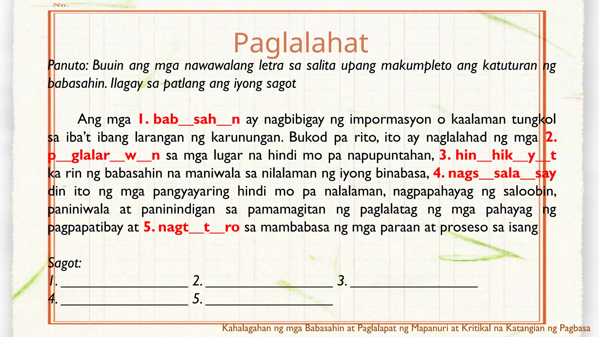 Kahalagahan ng mga Babasahin at Paglalapat ng Mapanuri at Kritikal na ...