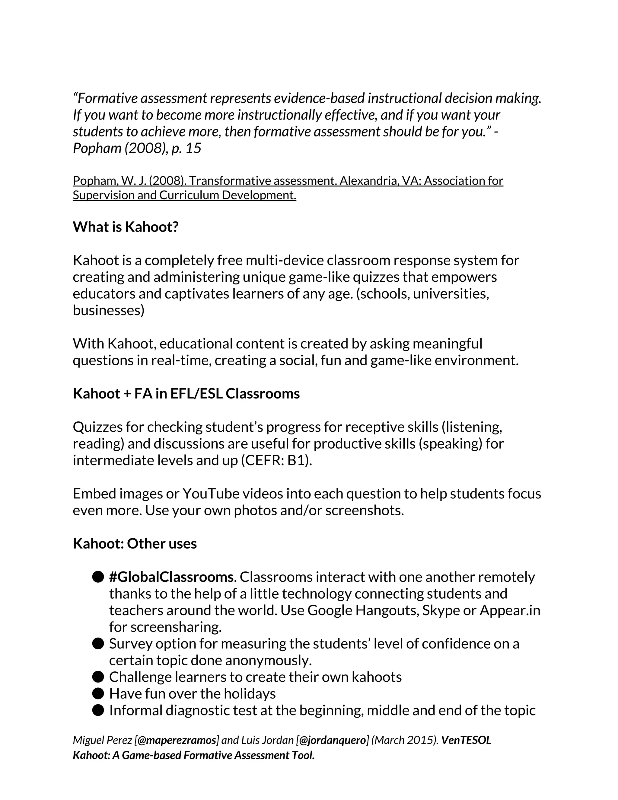 Kahoot: A Game-based Formative Assessment Tool [Handout] | PDF