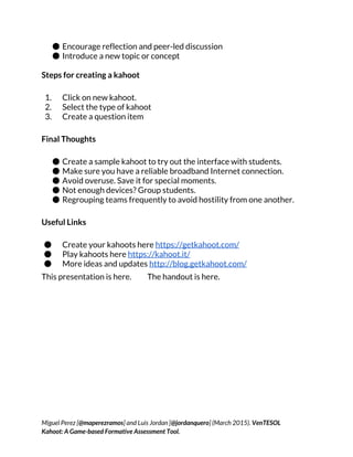 Kahoot: A Game-based Formative Assessment Tool [Handout] | PDF