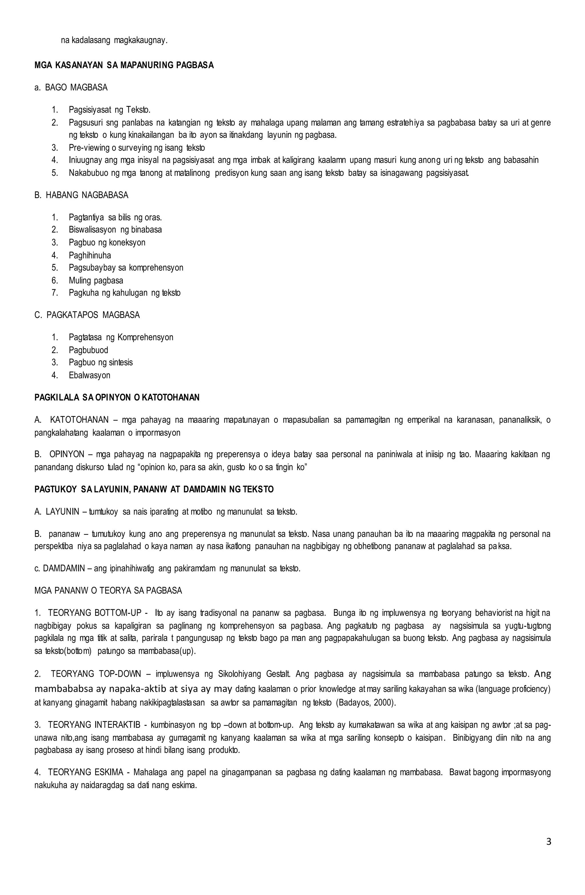 Kahulugan ng pagbasa | DOCX