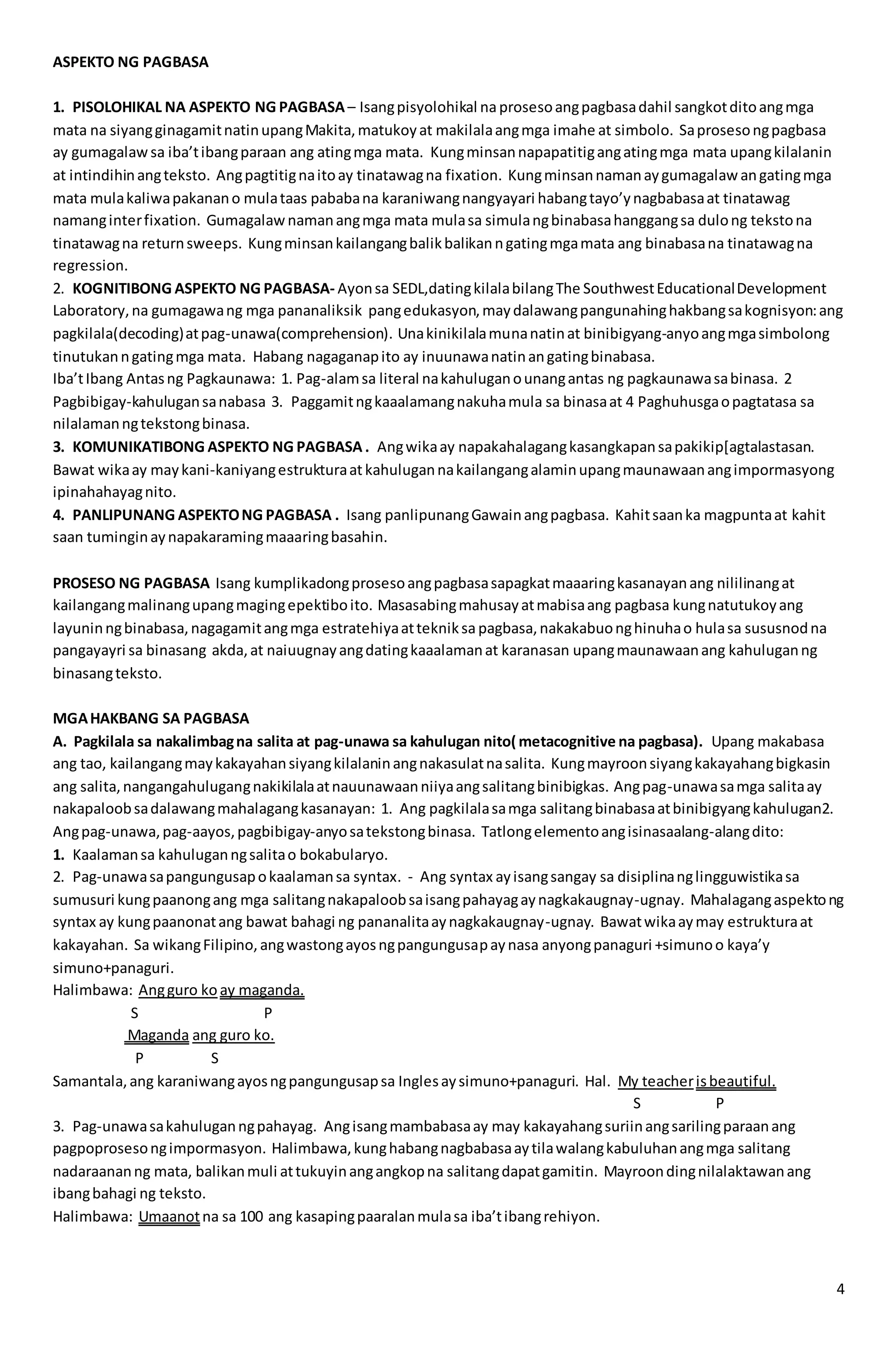 Kahulugan ng pagbasa | DOCX