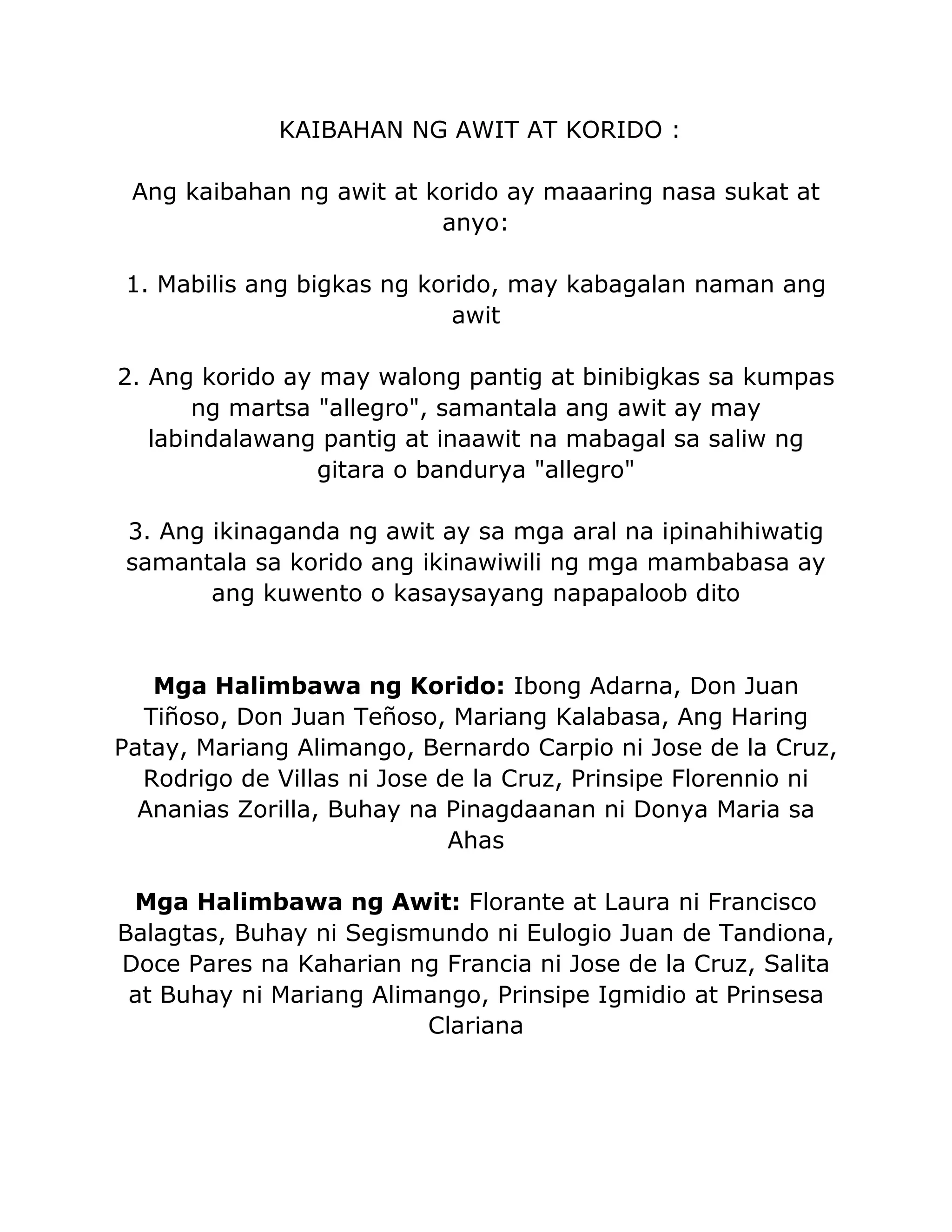 Kaibahan ng awit at korido | DOCX