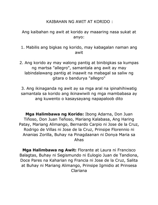 Kaibahan ng awit at korido | DOCX