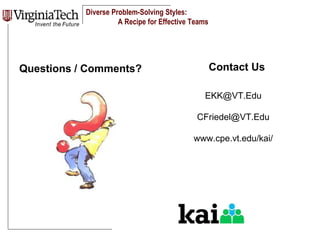 Diverse Problem Solving Styles: A Recipe for Effective Teams | PPTX
