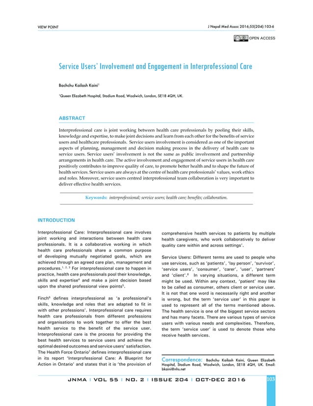 Service Users’ Involvement and Engagement in Interprofessional Care | PDF