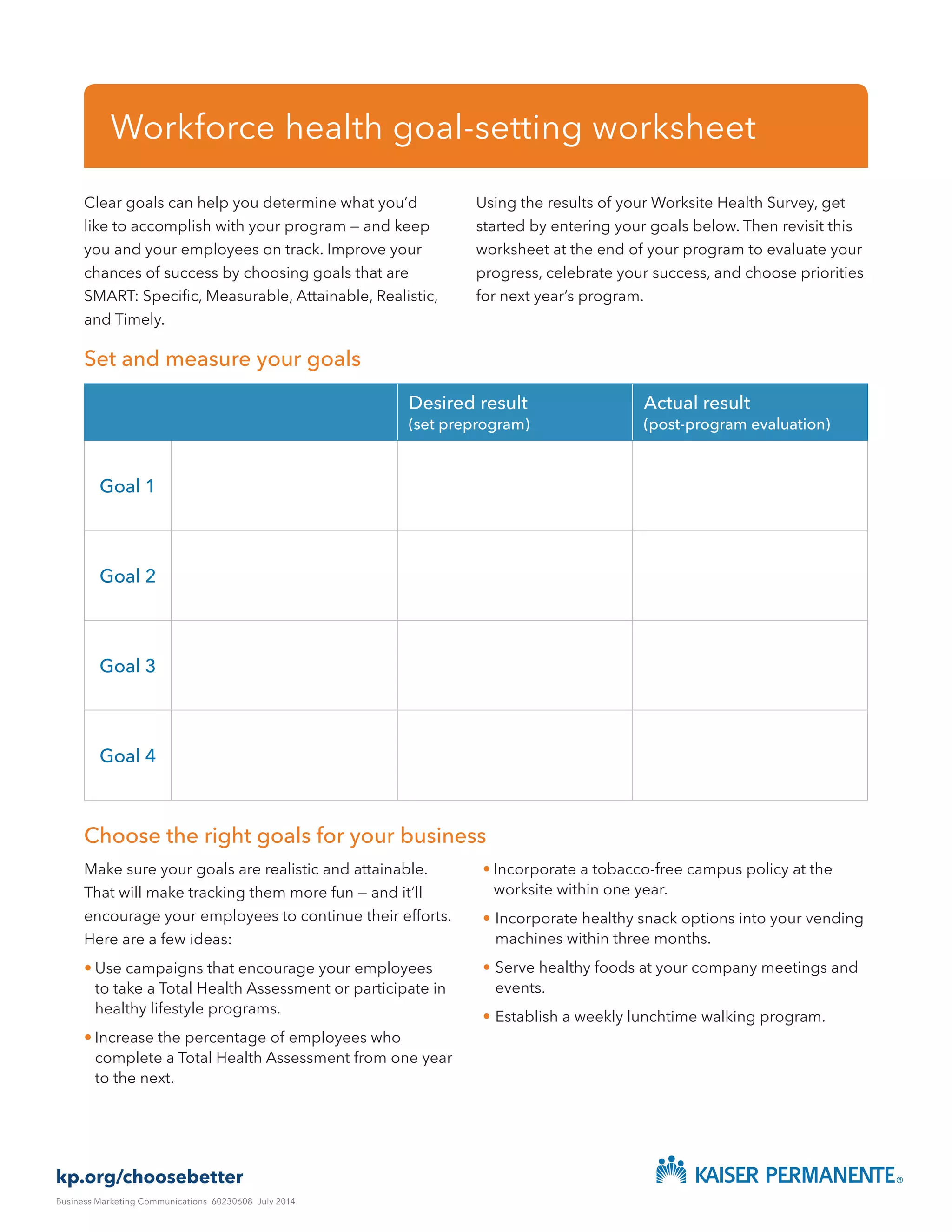 Workforce Health Goal-Setting Worksheet | PDF