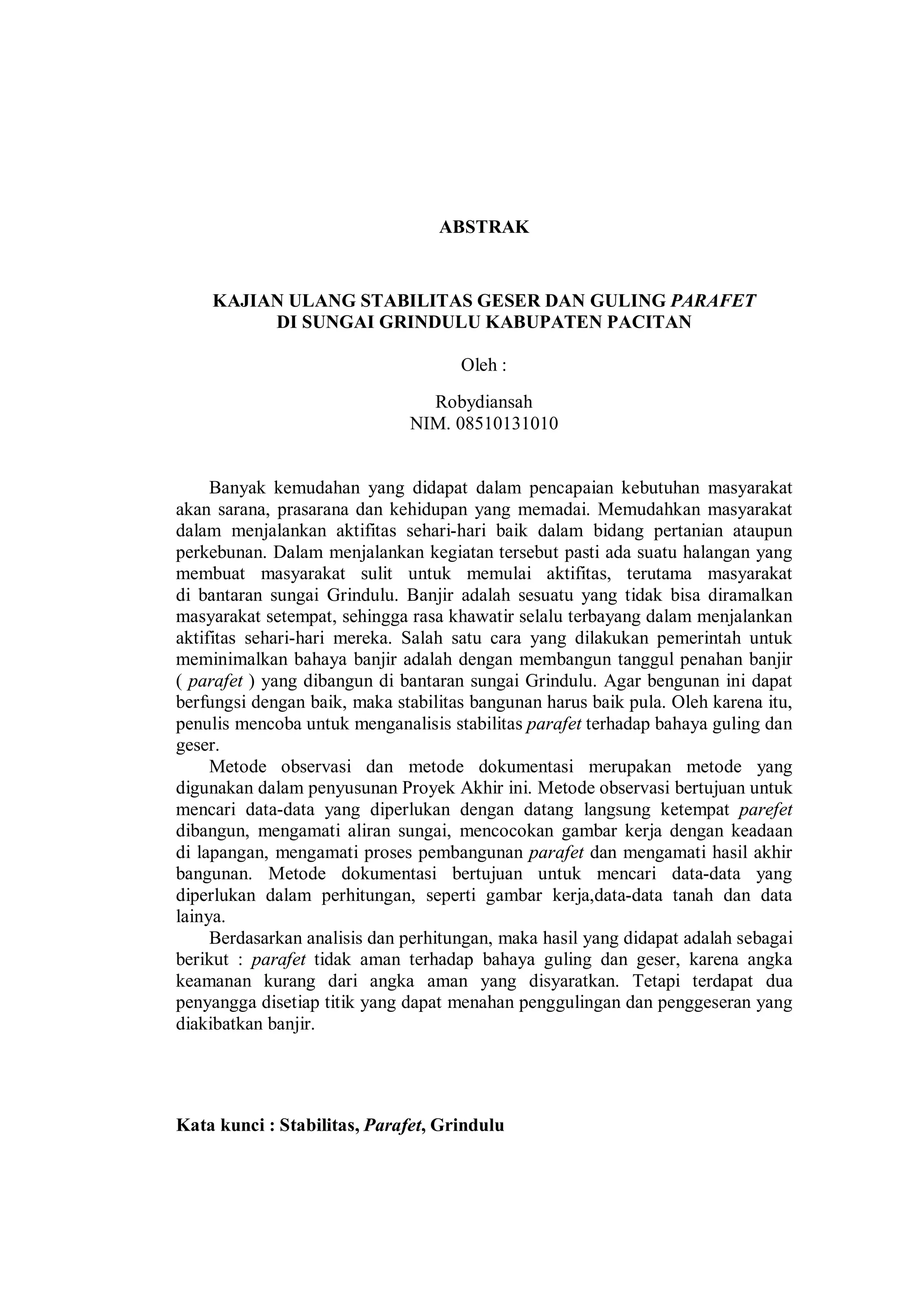 Kajian ulang stabilitas geser dan guling parafet di sungai g | PDF