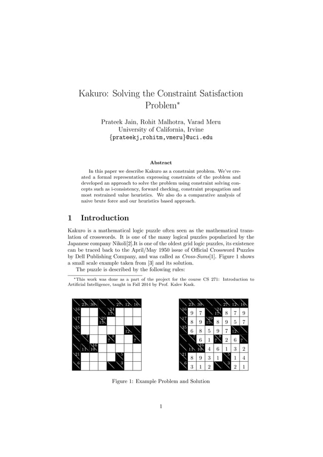 Kakuro: Solving the Constraint Satisfaction Problem | PDF
