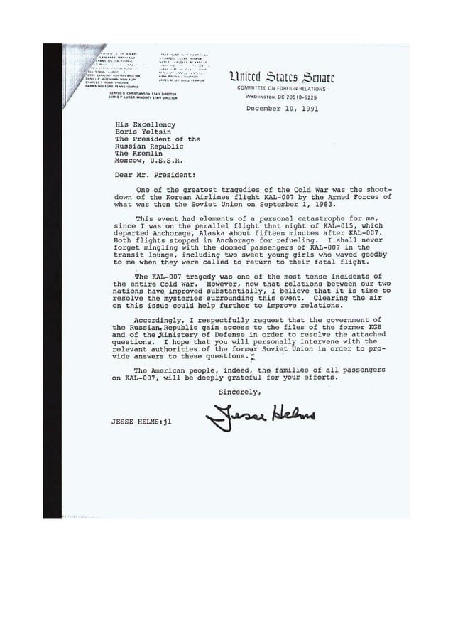 Senator Jesse Helms Letter To Russia About KAL 007 | PDF