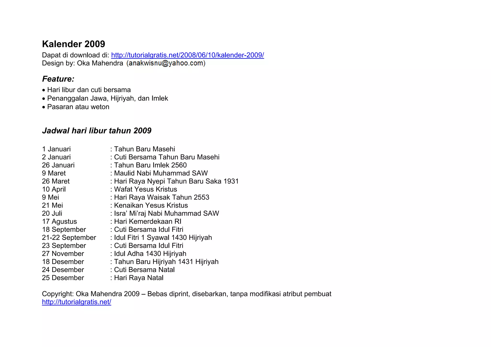 Kalender 2009 Lengkap Baru | PDF