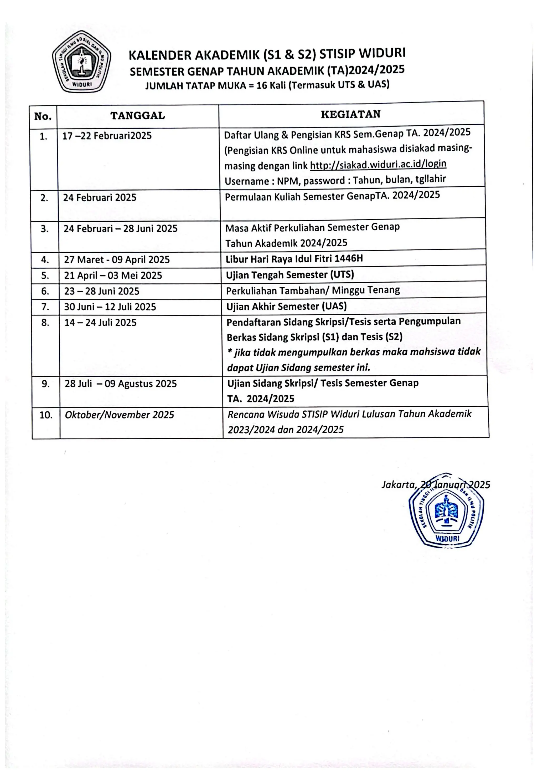 Kalender Akademik (S1 & S2) STISIP Widuri Semester Genap Tahun 2024/ ...
