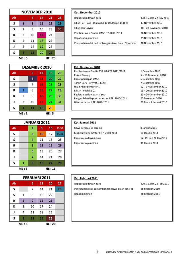 Kalender akademik smp ihbs tp. 2010 2011 | PDF