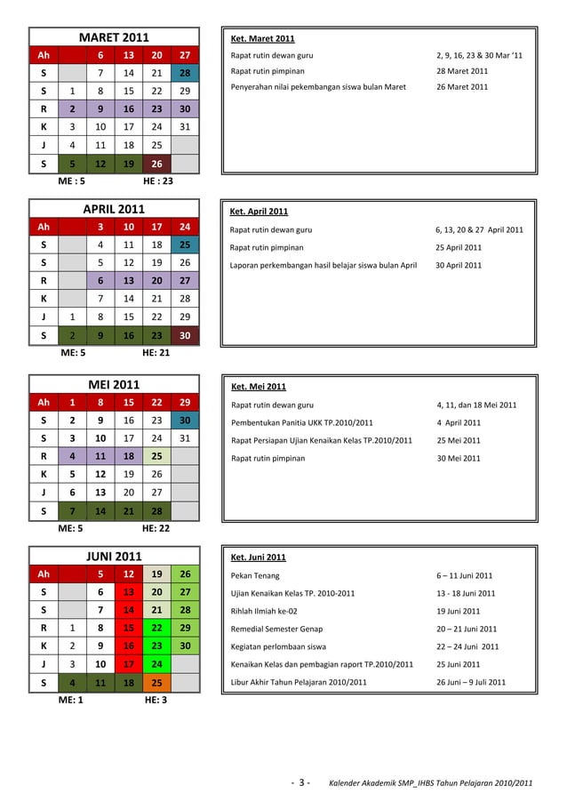Kalender akademik smp ihbs tp. 2010 2011 | PDF