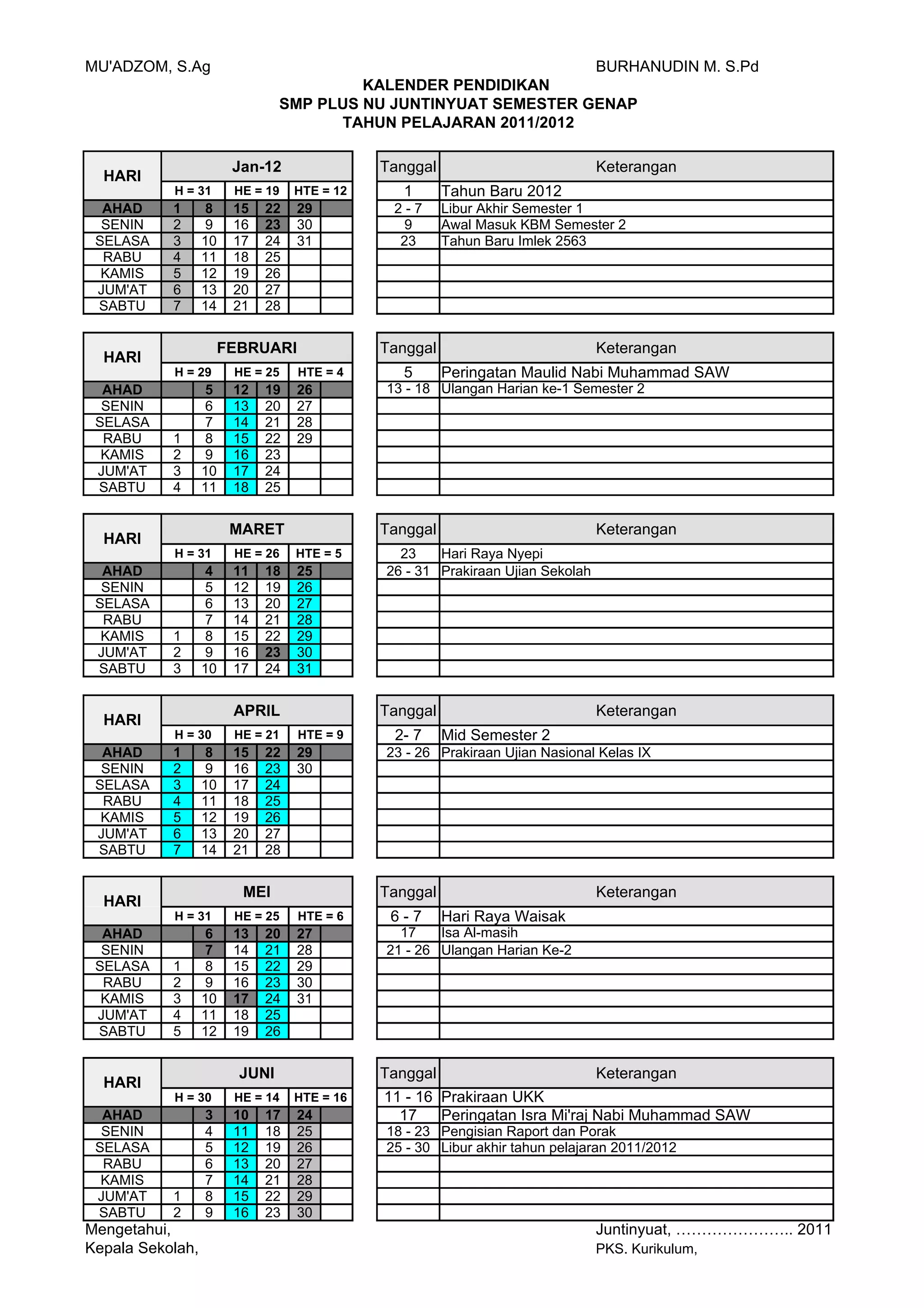 Kalender pend. 2011 2012 | XLS
