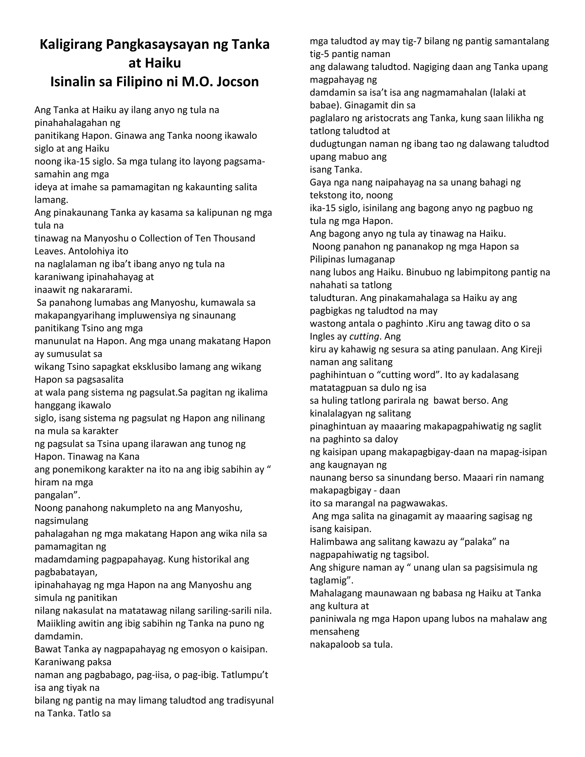 Kaligirang pangkasaysayan ng tanka at haiku | DOCX