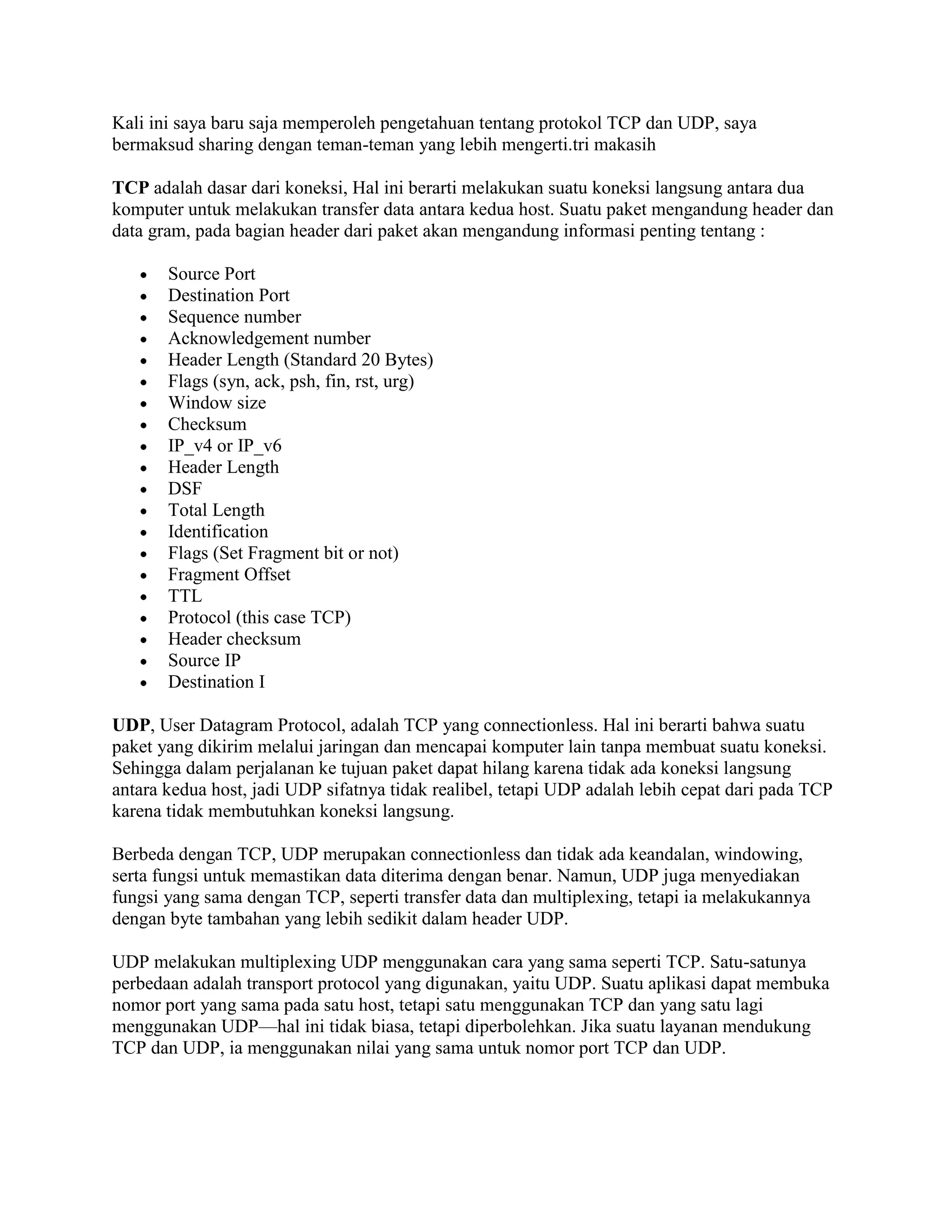 Kali ini saya baru saja memperoleh pengetahuan tentang protokol tcp dan udp | PDF