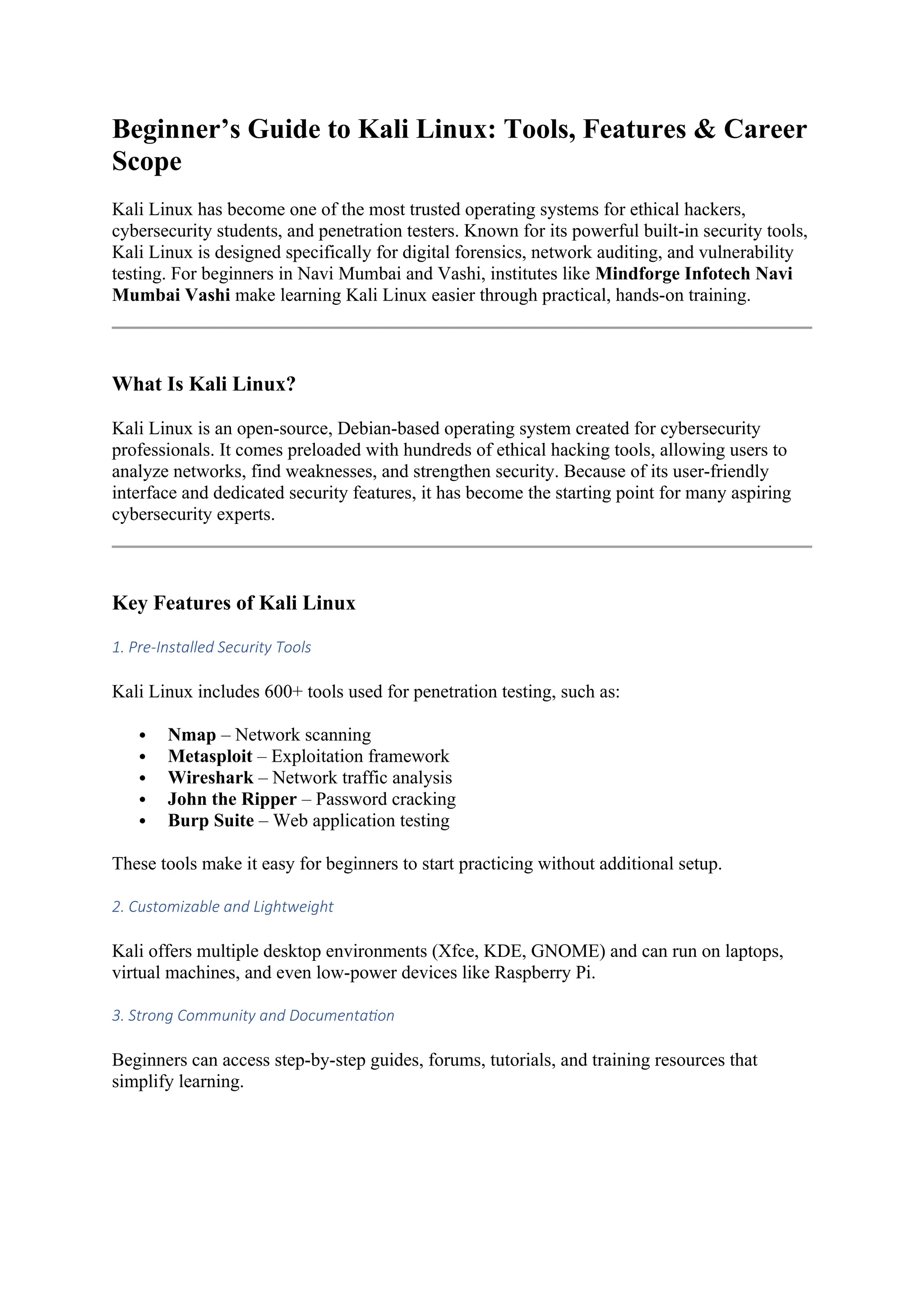 Beginner’s Guide to Kali Linux: Tools, Features & Career Scope | DOCX