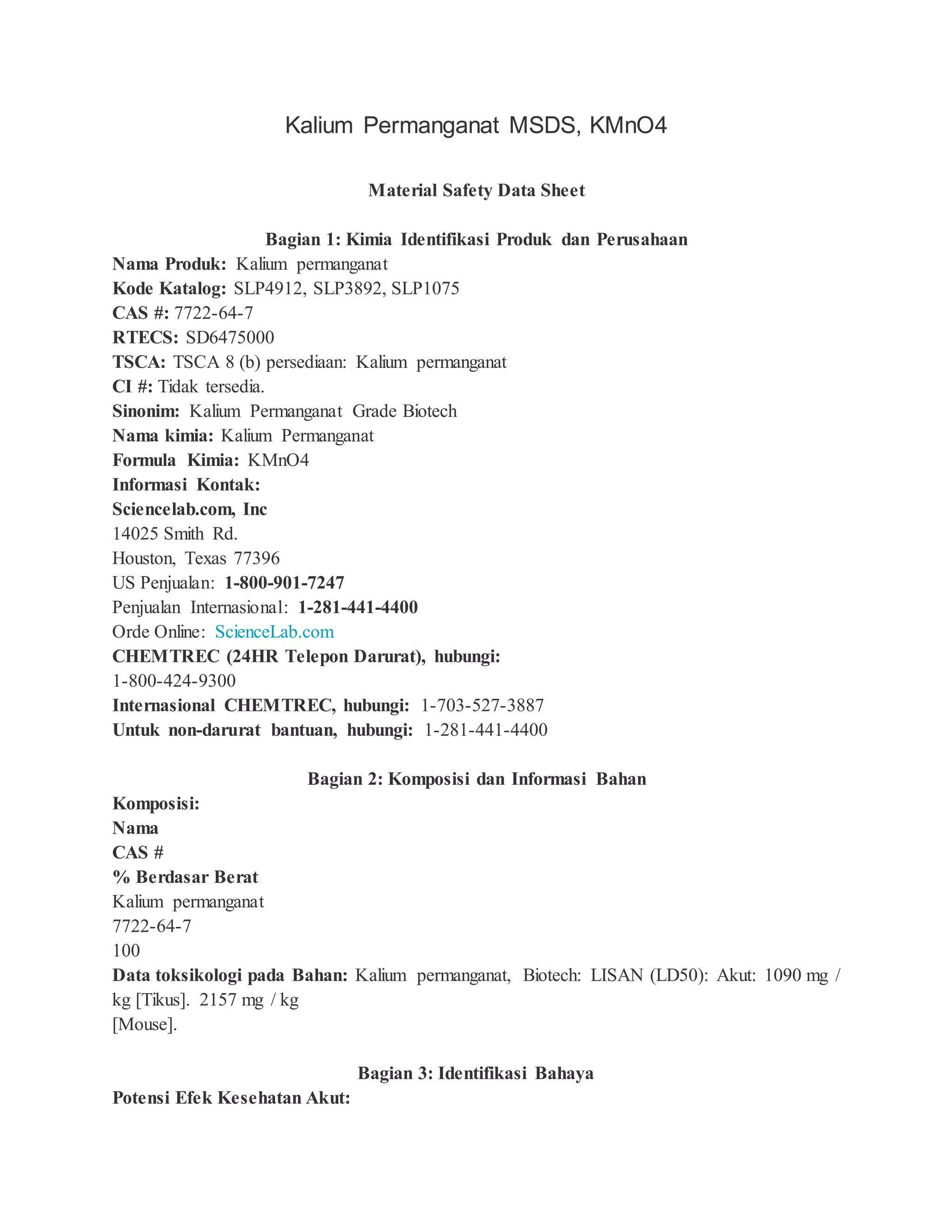Kalium permanganat msds | DOCX