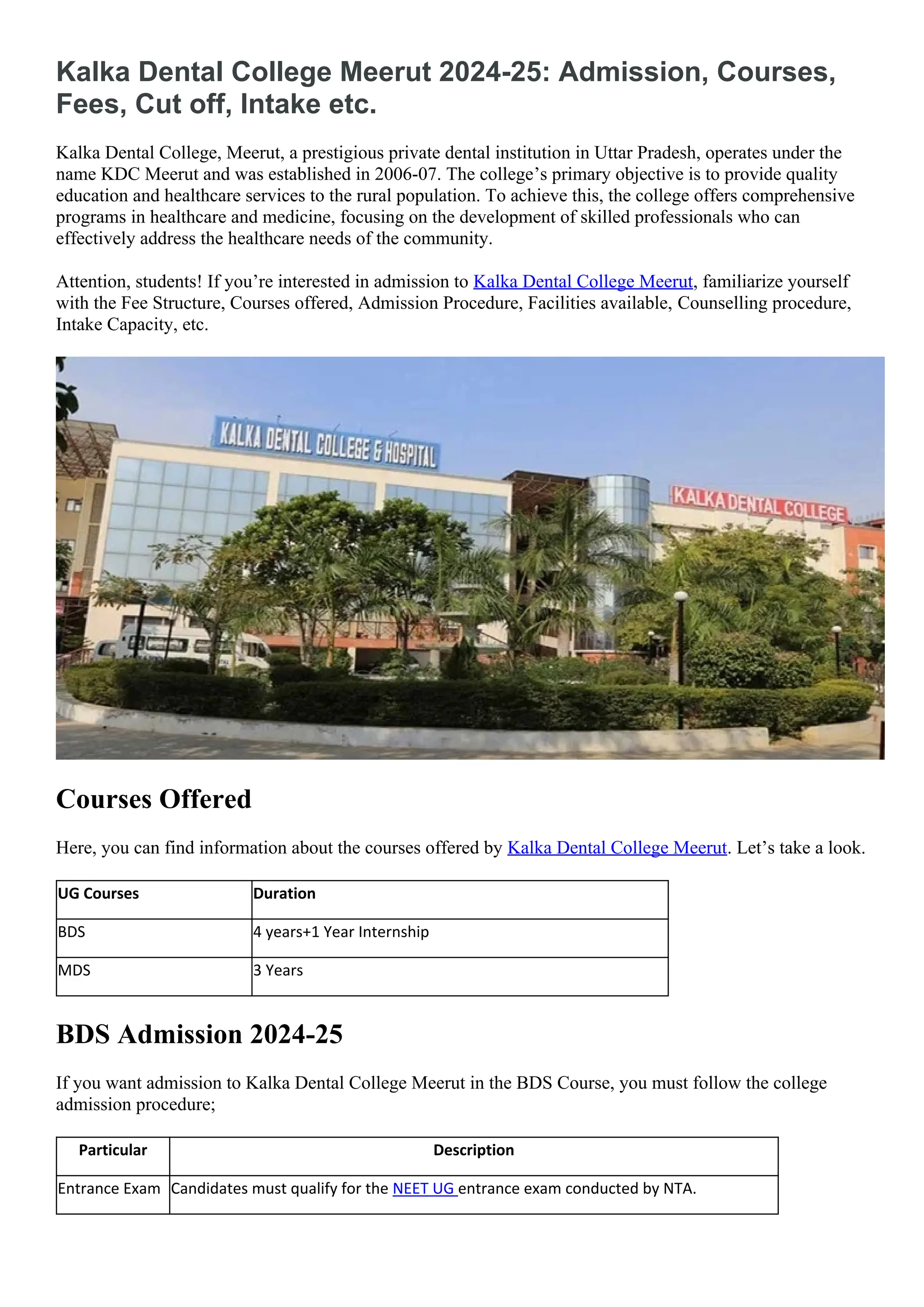 Kalka Dental College Meerut 2024-25 courses | PDF