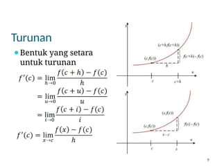 Turunan merupakan salah satu materi lanjutan dari limit fungsi. | PPTX