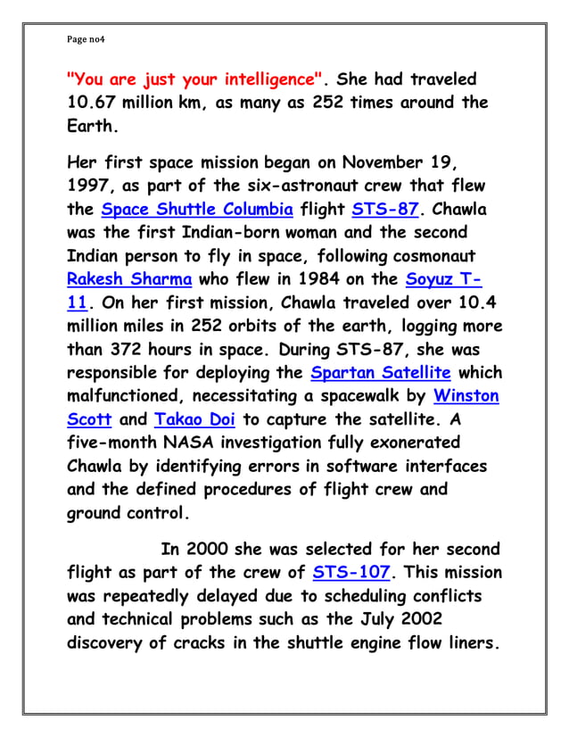 Kalpana chawla | DOCX | College Education | Education