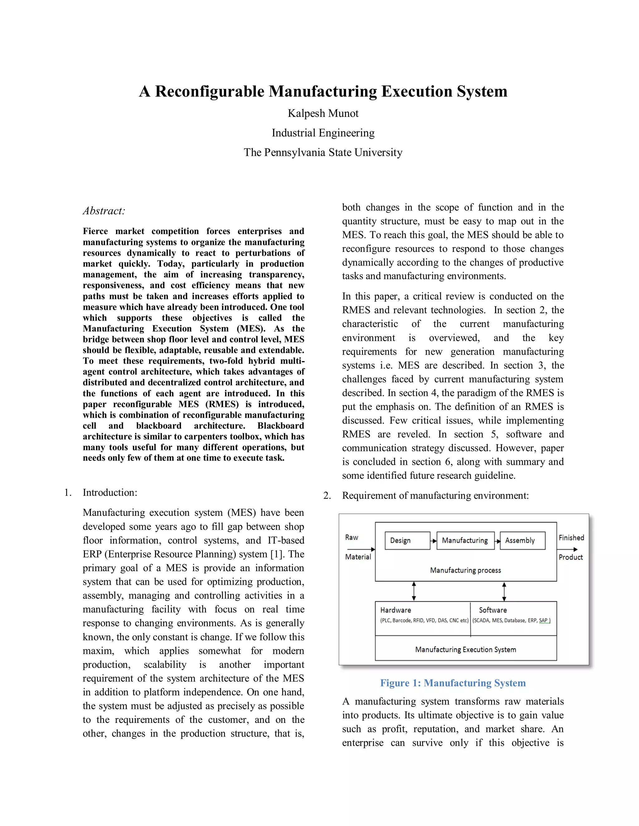 Reconfigurable Manufacturing Execution System Literature Review Pdf