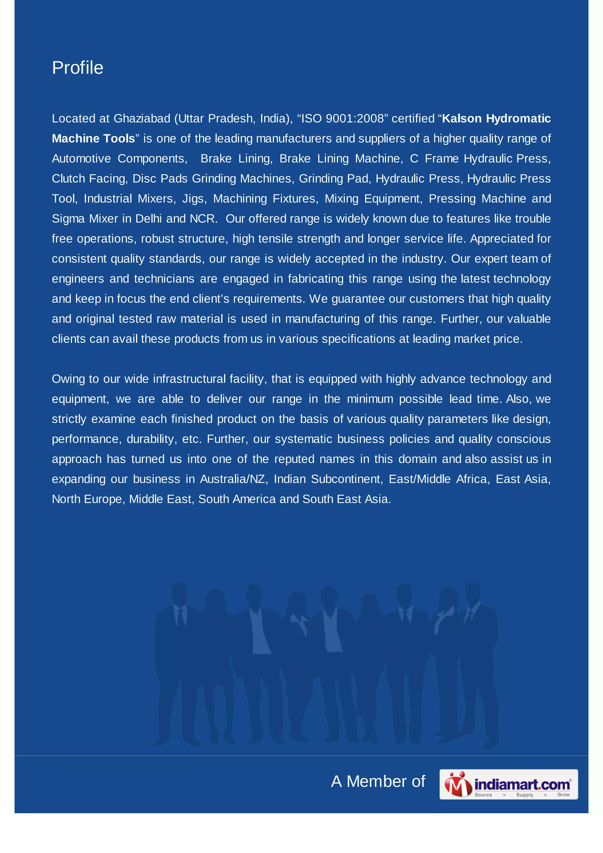 Kalson Hydromatic Machine Tools, Ghaziabad, Brake Lining Grinder | PDF