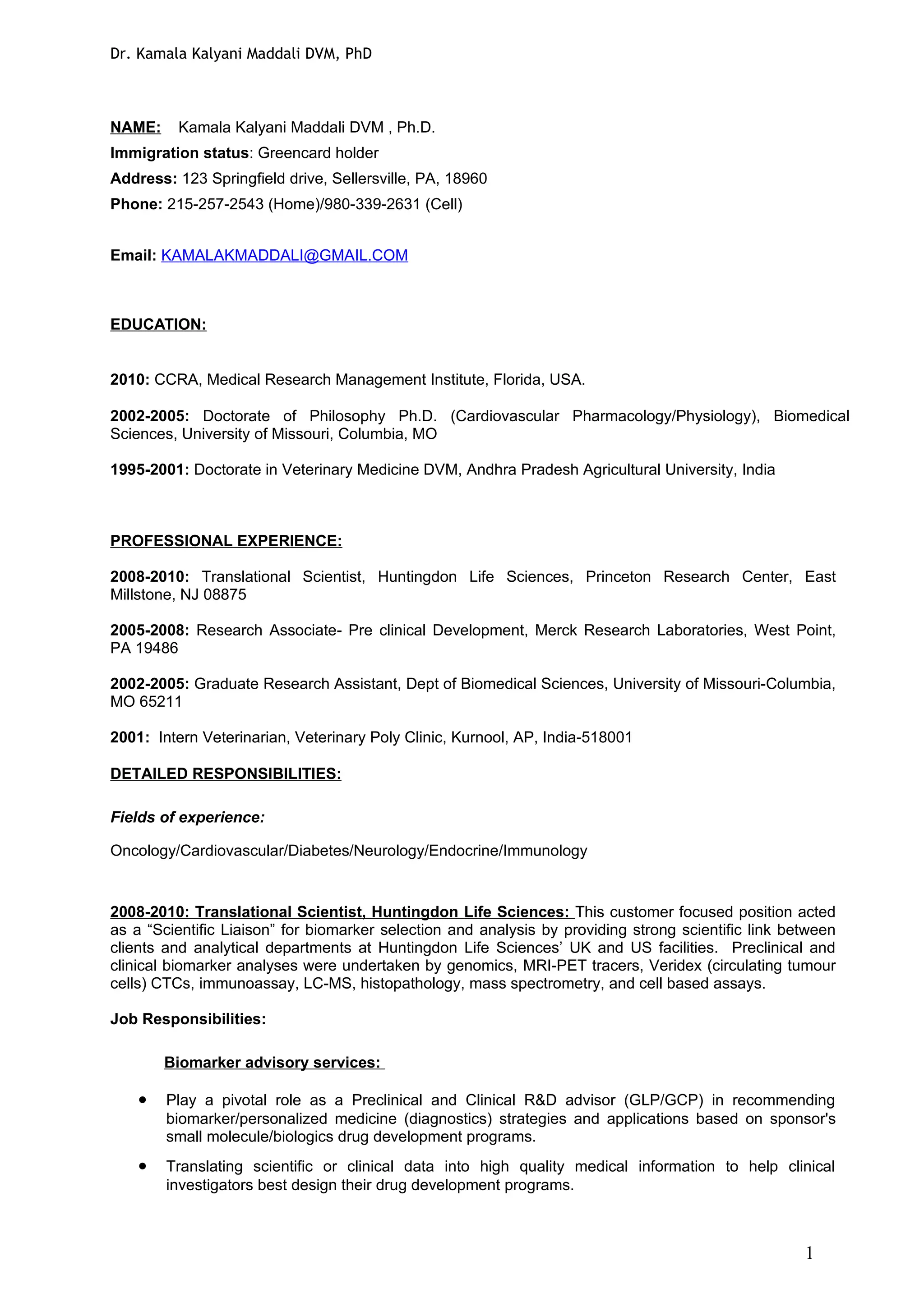 Kamala Maddali Cv2011 | DOC