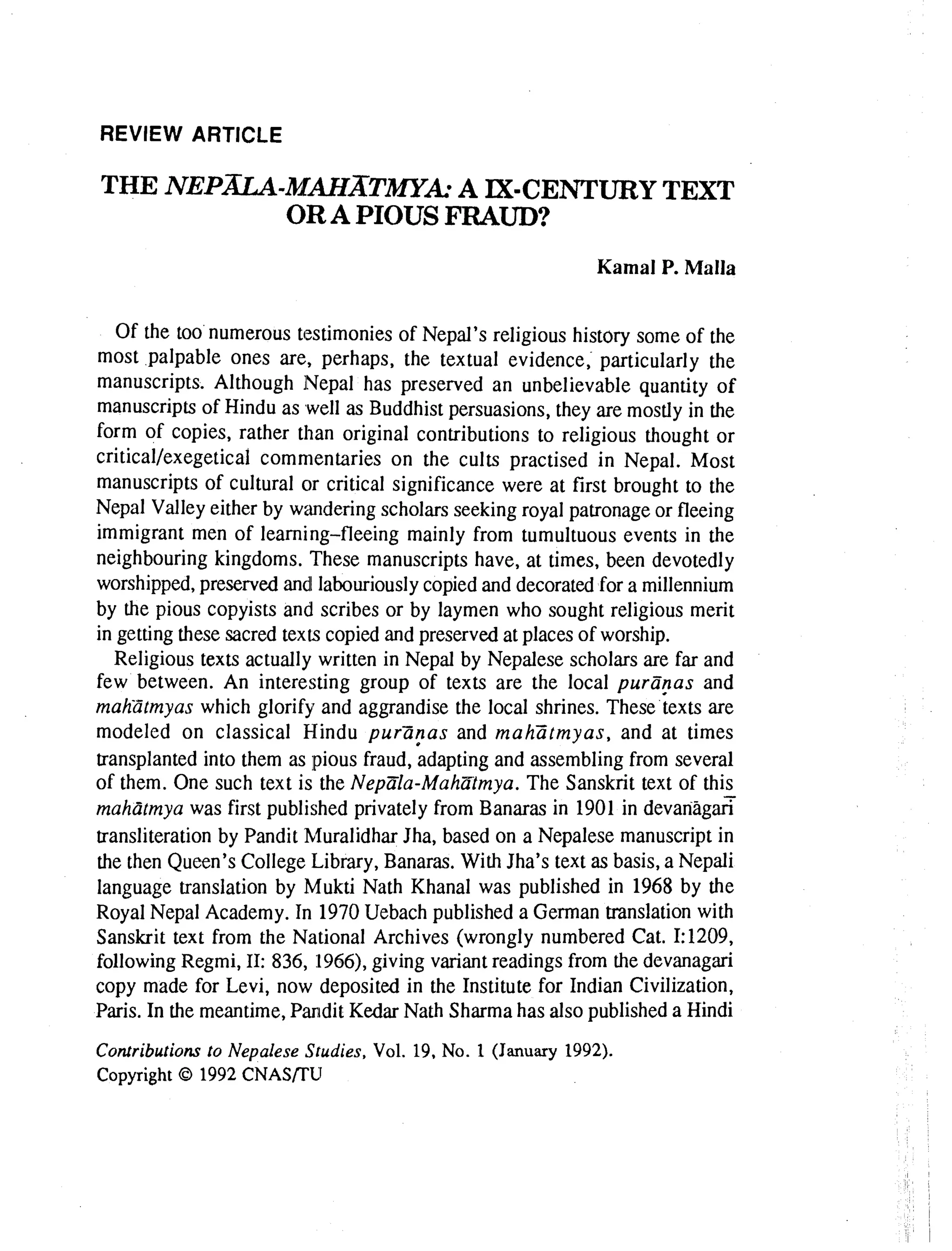 Kamal prakash malla critique of nepal mahatmya 1992 text searcheable | PDF