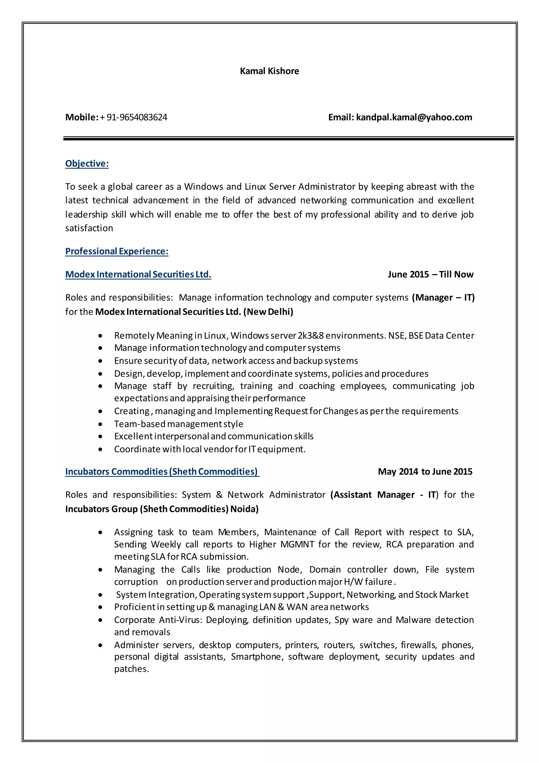 Kamal resume | DOCX | Operating Systems | Computer Software and Applications