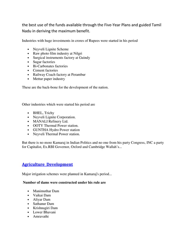 Kamarajar development plans | PDF | Economy | Business and Finance
