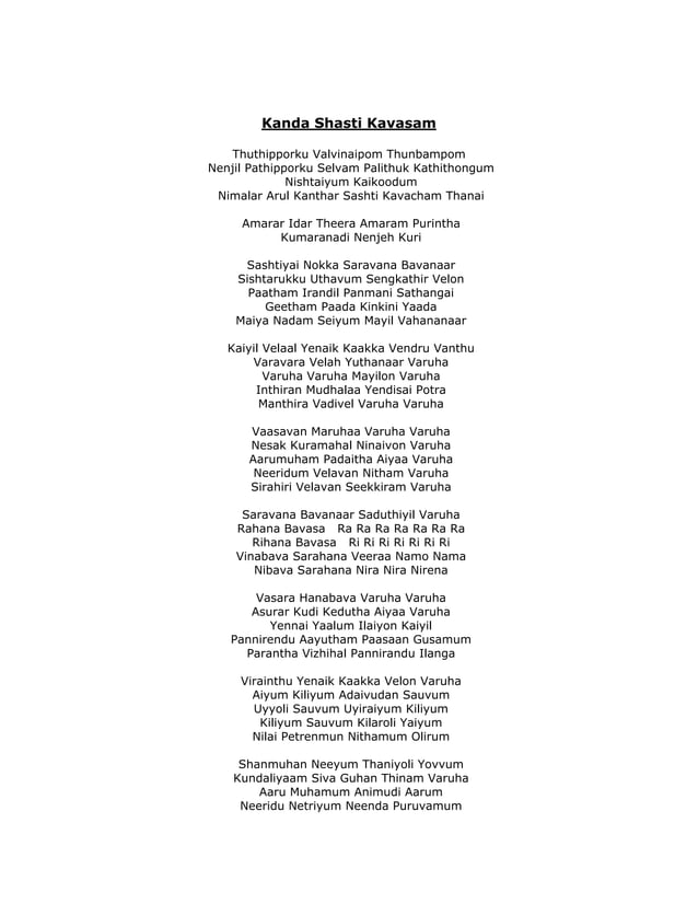 Kanda shasti kavasam in english | PDF