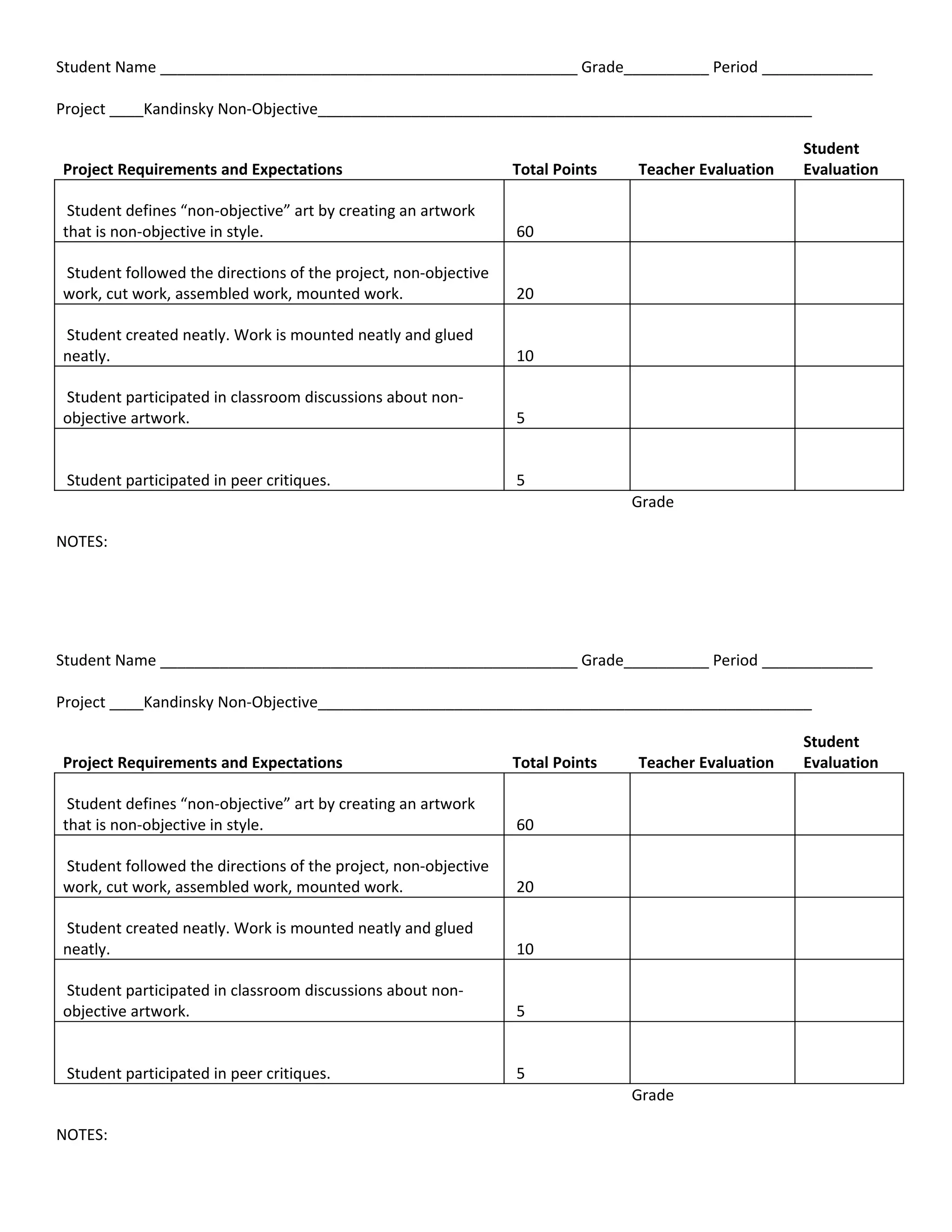 Kandinsky 8th Grade Art LP Assessment Rubric | DOC