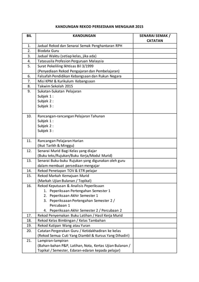 Kandungan rekod persediaan mengajar 2015 | DOCX