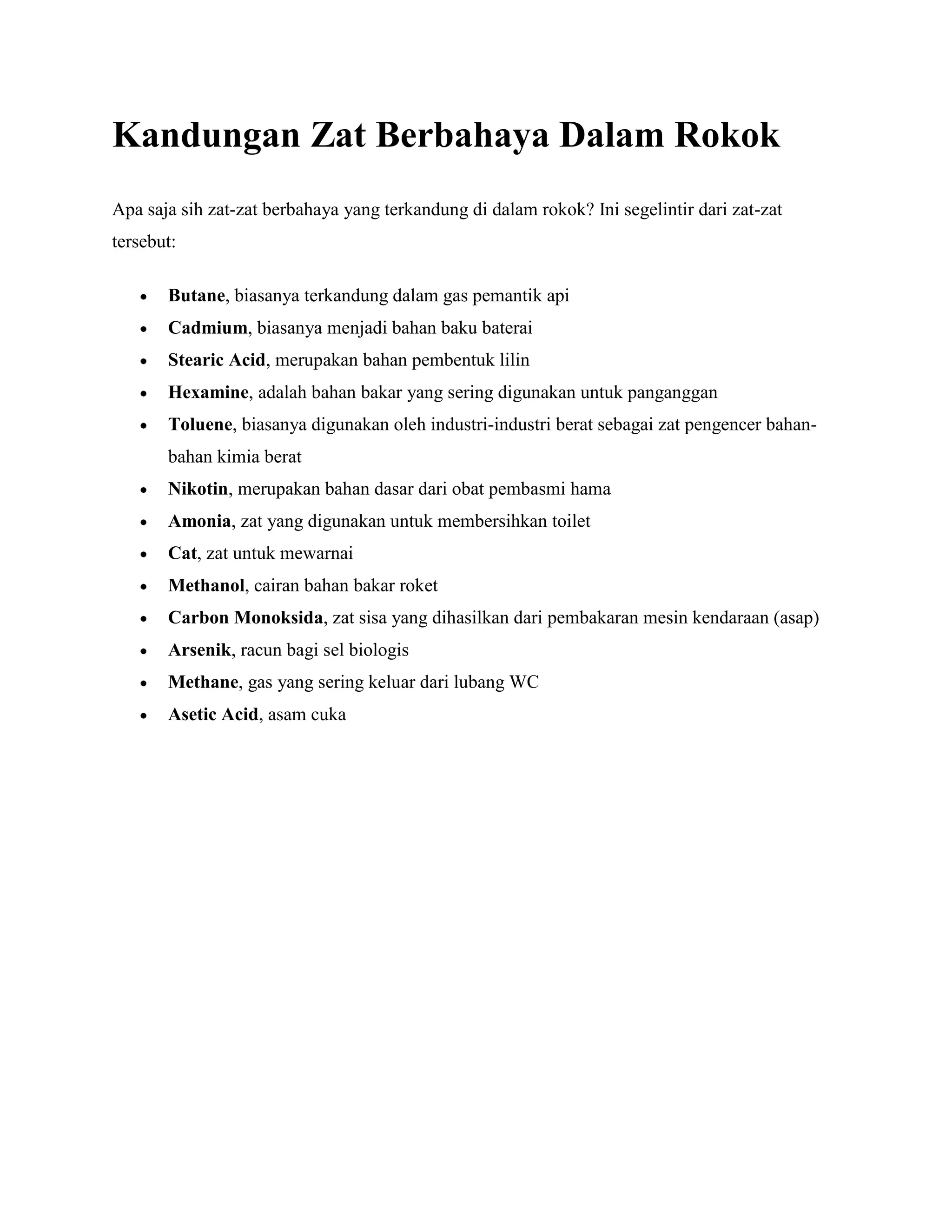 Kandungan zat berbahaya dalam rokok | DOCX