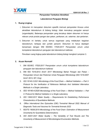 KAN K-01.04 Rev.1 Persyaratan Tambahan Akreditasi Laboratorium Pengujian Biologi.pdf