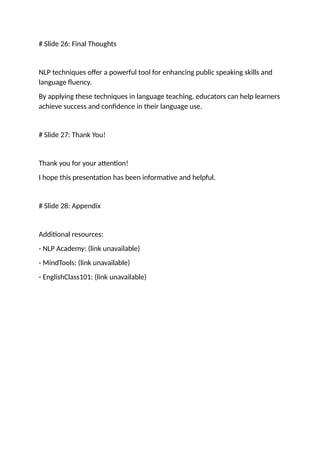 Neurolinguistic Programming (NLP) in Language Teaching: Enhancing Public Speaking Skills | PDF