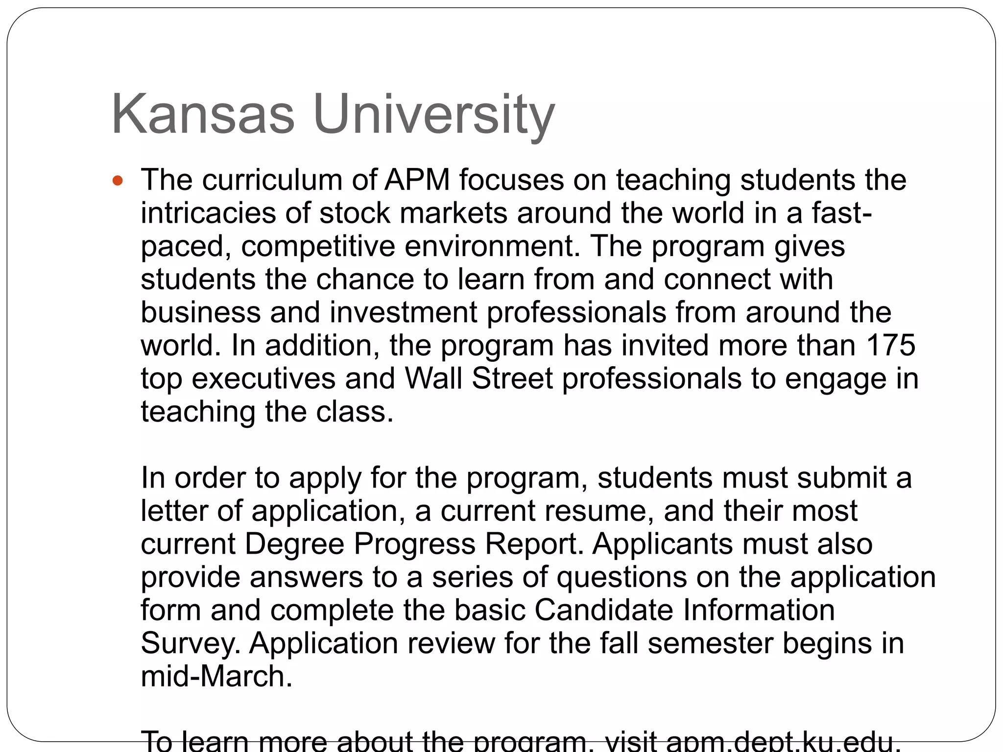 Kansas University’s Applied Portfolio Management Program | PPT