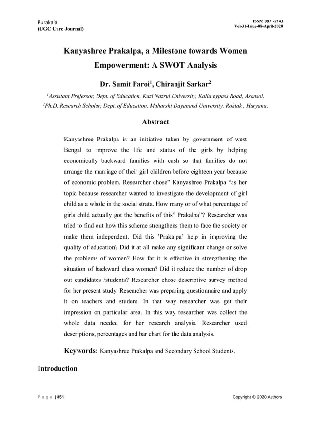 Kanyashree prakalpa, a milestone towards women empowerment a swot ...