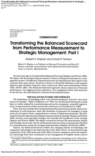 Kaplan & norton transforming the bsc from performance measurement to ...
