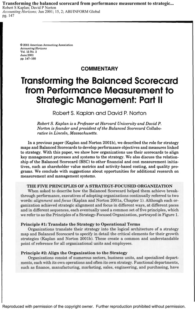 Kaplan & norton transforming the bsc from performance measurement to ...